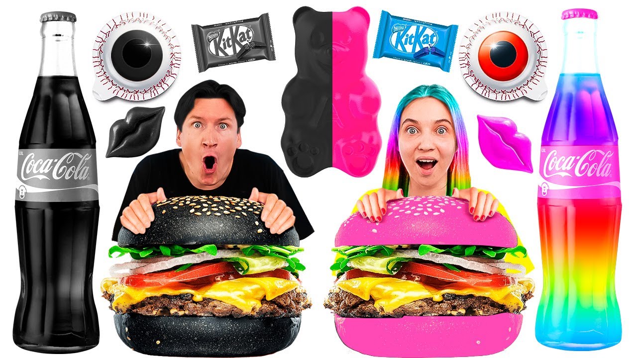 Rainbow vs Black food challenge by Willy Nilly. Edible Battle & Color ...