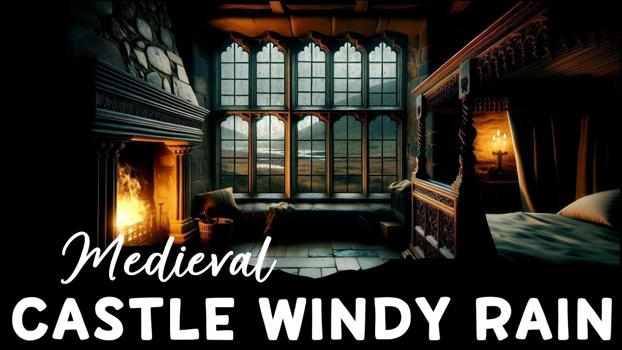 Cozy Castle Room with Canopy Bed and Crackling Fire, Heavy Rain No ...
