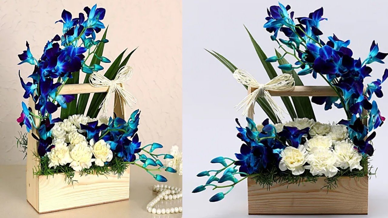 Floral Arrangement Idea in Wooden Base | Guldasta Making Tutorials By ...