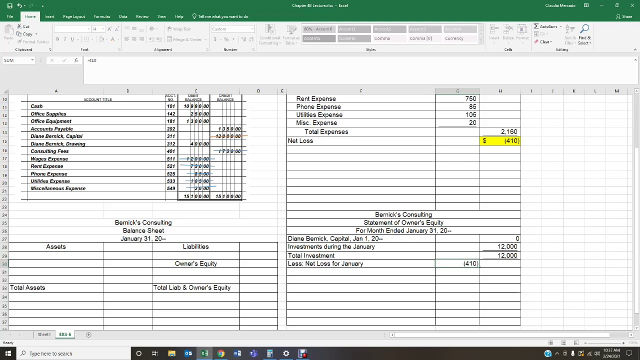 ACNT 1303- Intro to Accounting I Lecture 4B: EX4-6 - YouTube