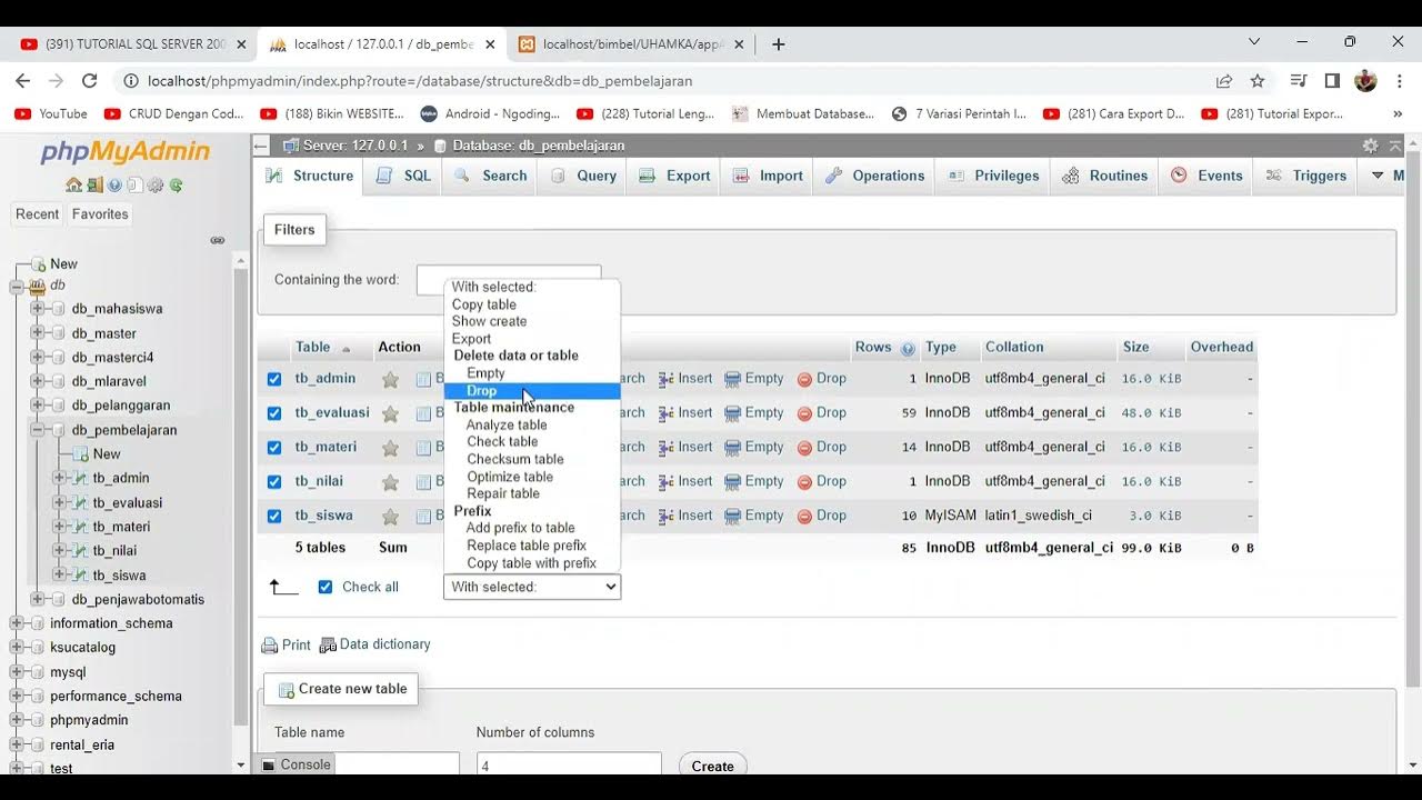Cara Menghapus All Tabel di phpmyadmin - YouTube