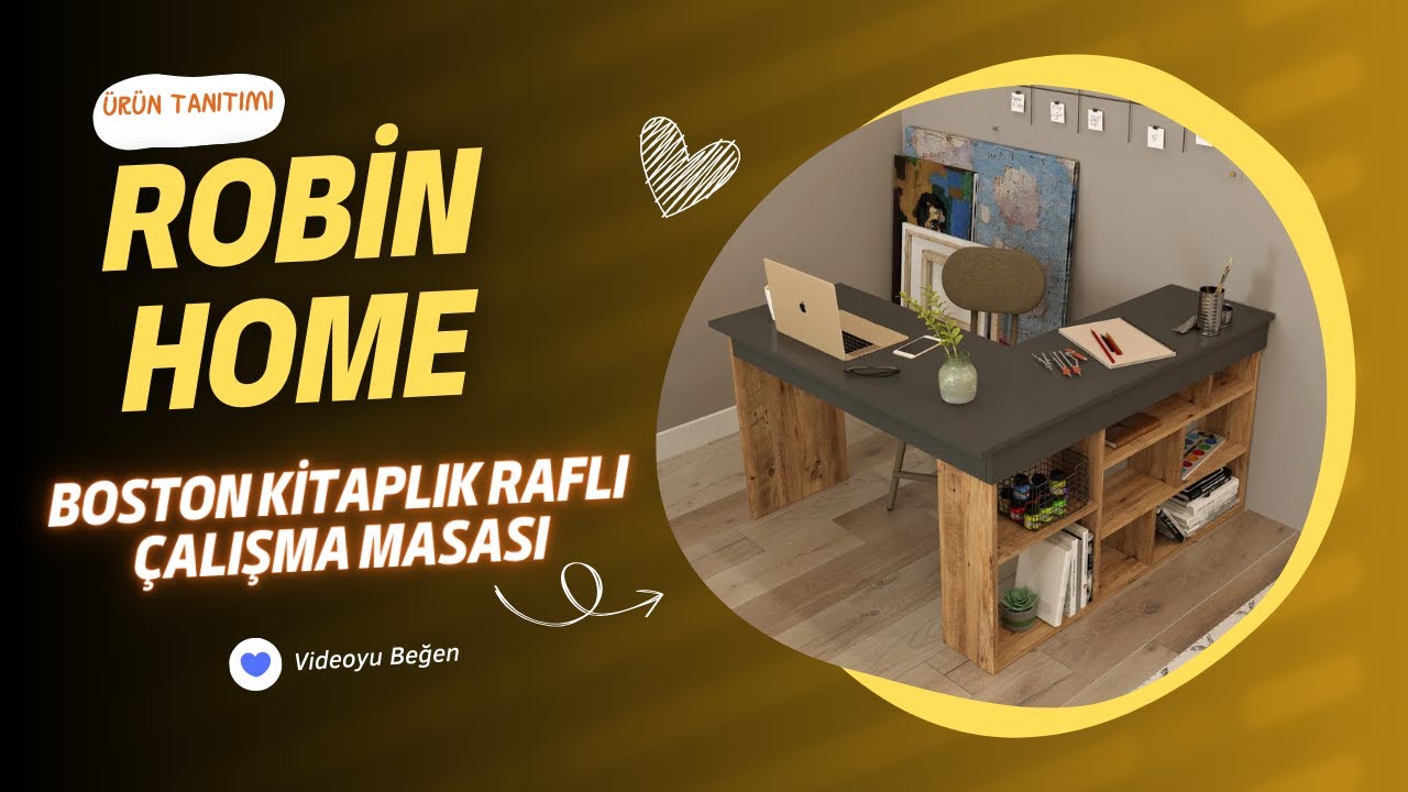Robin Home Boston Kitaplık Raflı Çalışma Masası Çam-Gri - YouTube