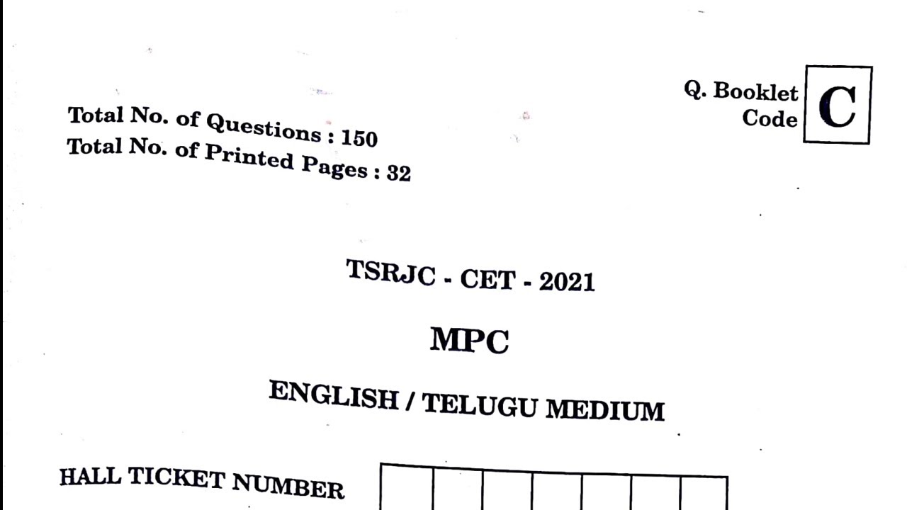 TSRJC CET 2021 MPC QUESTION PAPER (TELANGANA STATE RESIDENTIAL JUNIOR ...