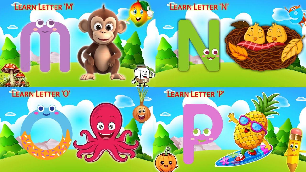 Learn Letter 'MNOP' | M for Mango, N for Nest, O for Orange, P for ...