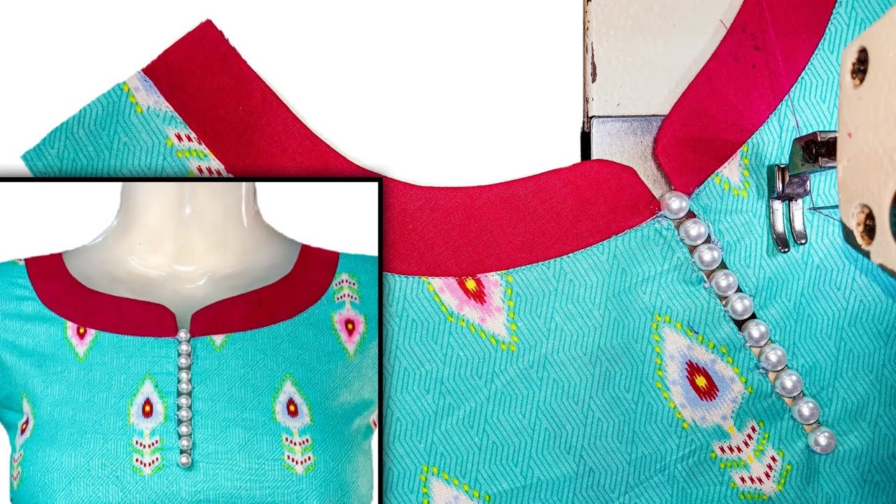 Round neck with pearls | Latest round neck design | Round neck cutting ...