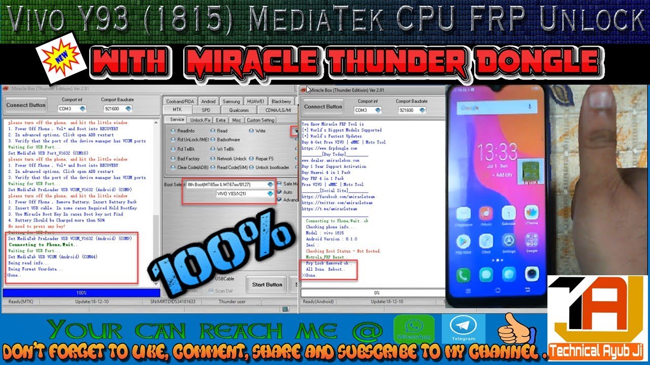 VIVO Y93 (1815) MEDIATEK MT6762 CPU FRP UNLOCK WITH MIRACLE THUNDER ...