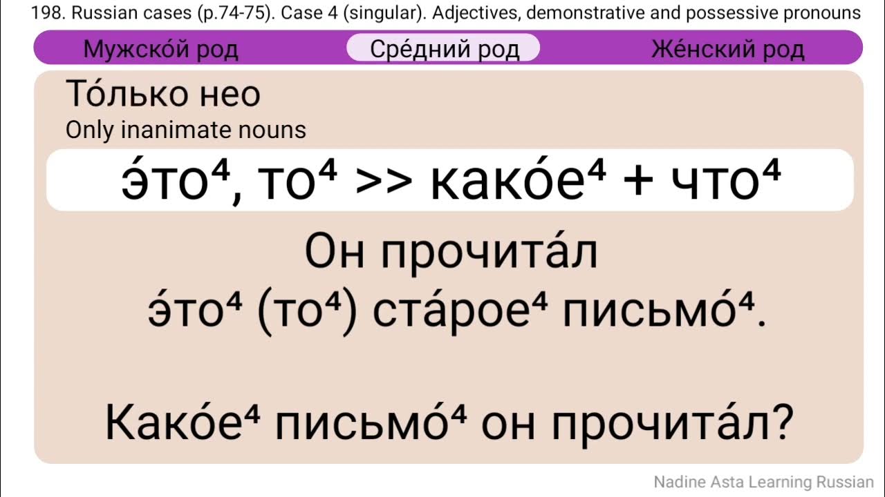 198. Russian cases (p.74-75). Case 4 Singular. Adjectives ...