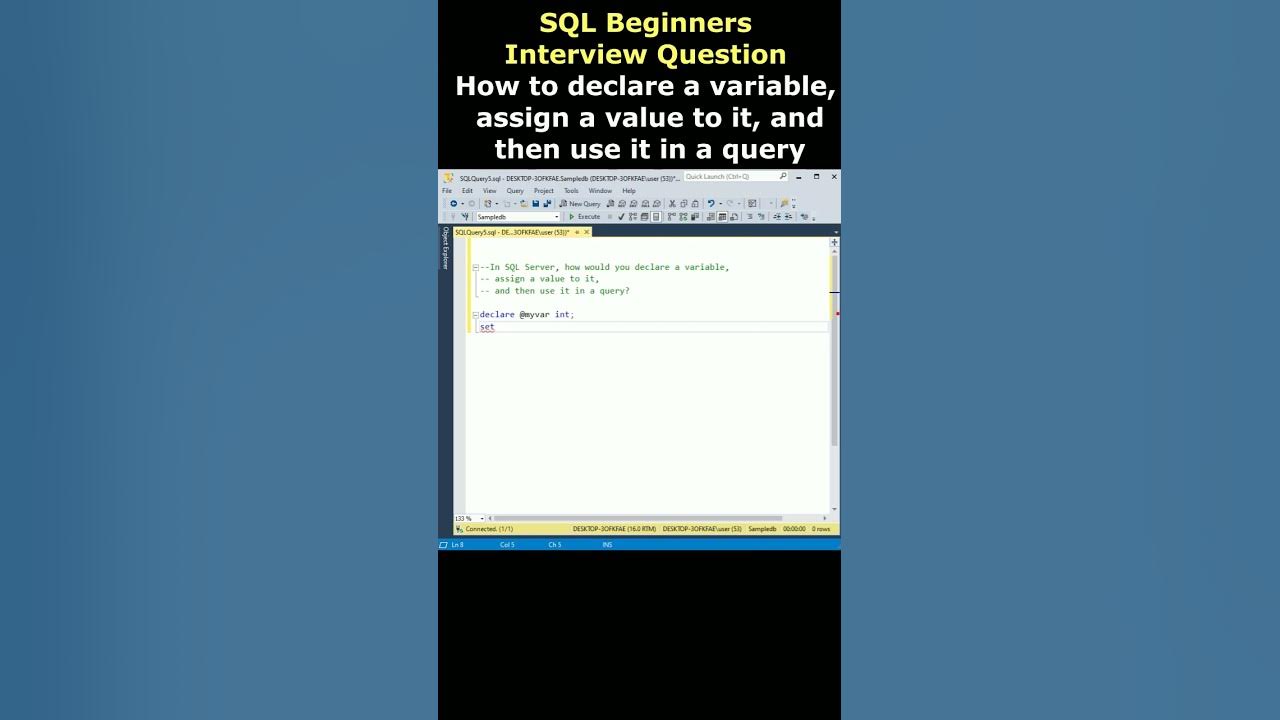 sql interview questions how to declare variable , assign, use in sql query #sqlbasics - YouTube