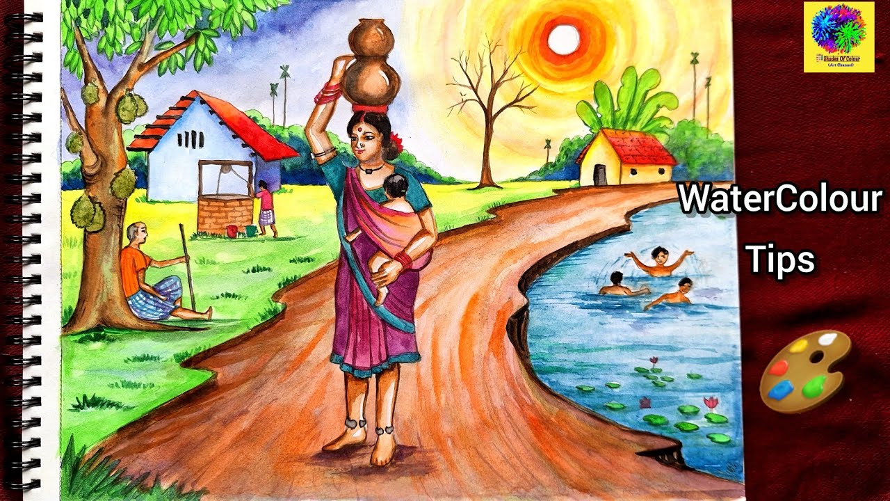 Adivasi Village Drawing with watercolour🎨||Summer Drawing🌞 ...