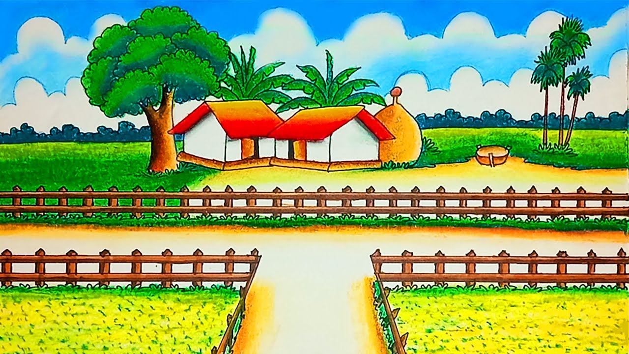 How to Draw Easy Scenery Drawing Beautiful Rice Field with Nature ...
