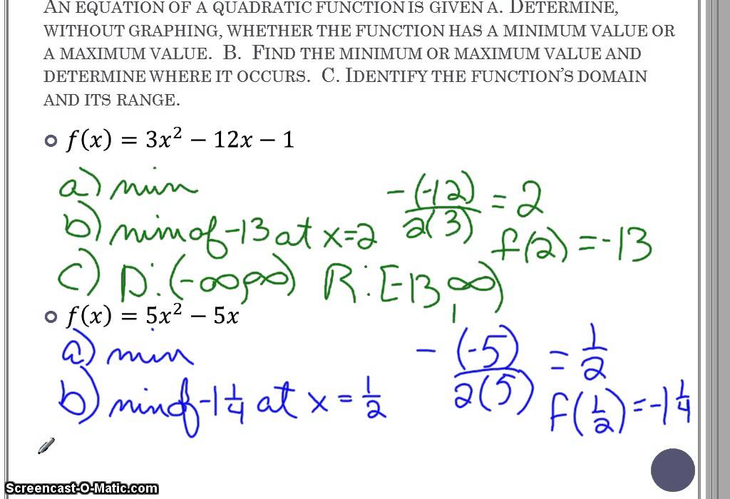 College Algebra 3 7 max and min values of quadratics pt 1 - YouTube