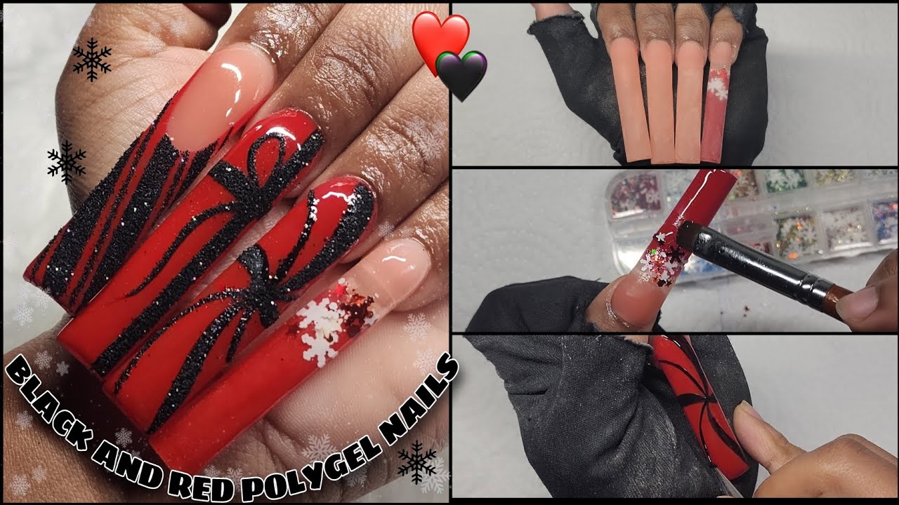 BLACK GLITTER AND RED POLYGEL NAILS | CHRISTMAS THEMED | NAIL TUTORIAL ...