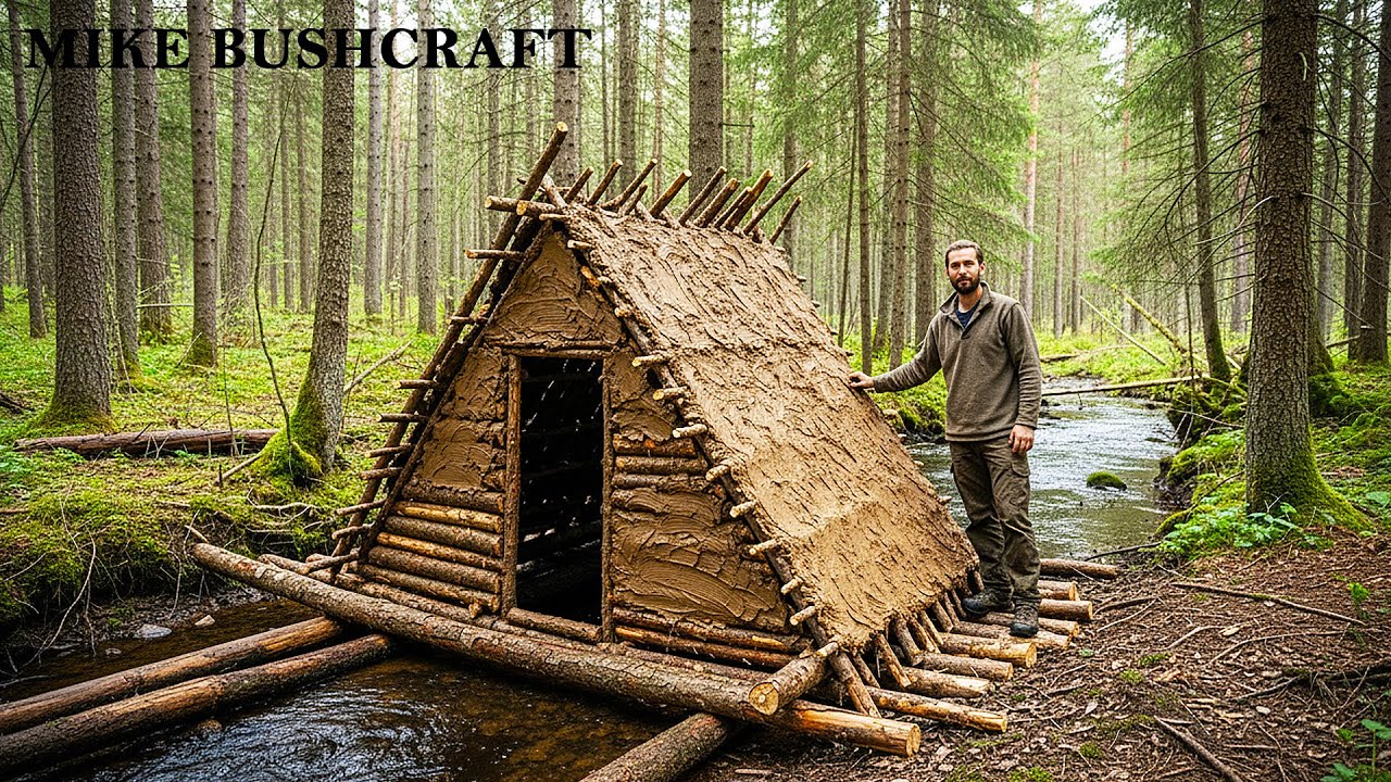 Bushcraft Shelter Build by the River - YouTube