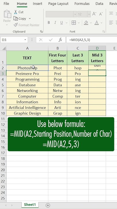 Mid Function In Excel Excel Tips Tricks Excelfunctions Youtube