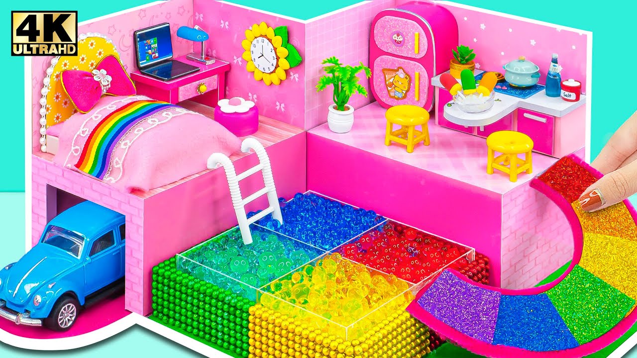 (EASY) How To Make 4 Color Mini Swimming Pool in Simple Cardboard House ...