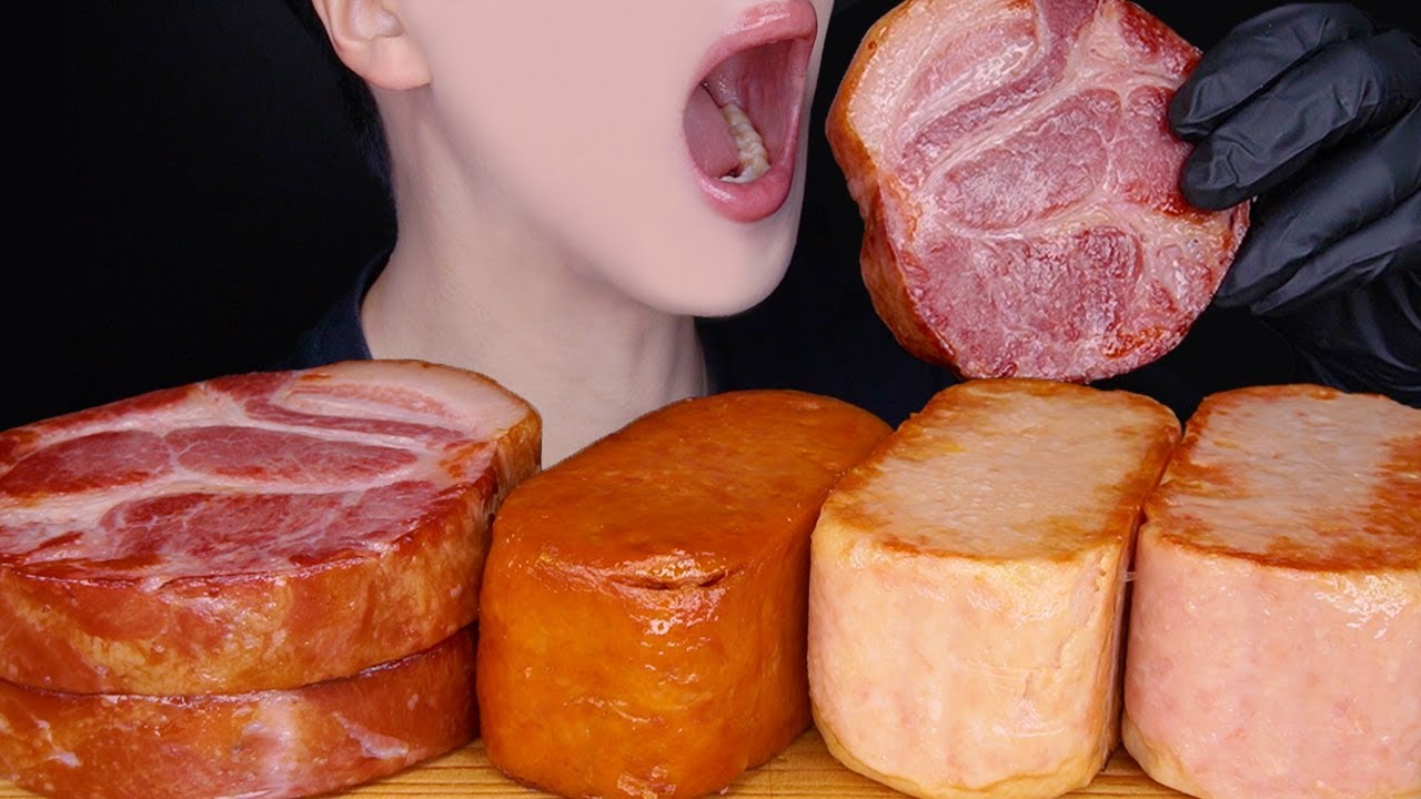 ASMR SPICY SPAM ROASTED PORK MUKBANG COOKING 매운스팸 돼지고기 목살 먹방 豚肉 スパム ...
