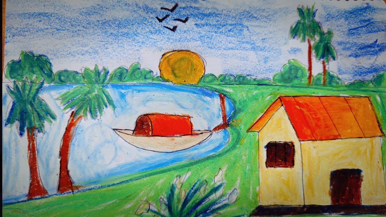 Scenary Drawing | Simple Landscape Scenary | Ghalia's hobby - YouTube