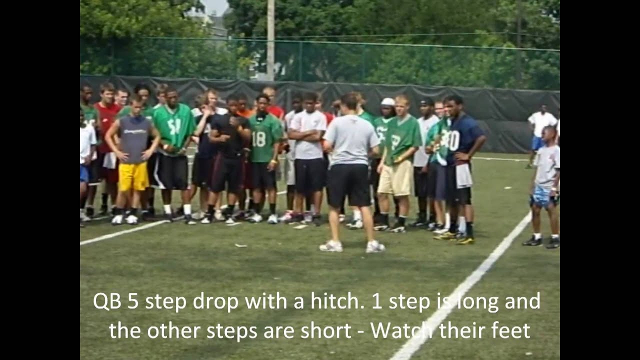 QB 5 step drop with a hitch - 1 step is long and the other steps are ...