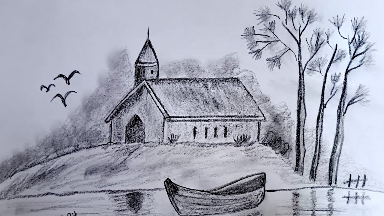 Easy drawing landscape with pencil step by step - YouTube