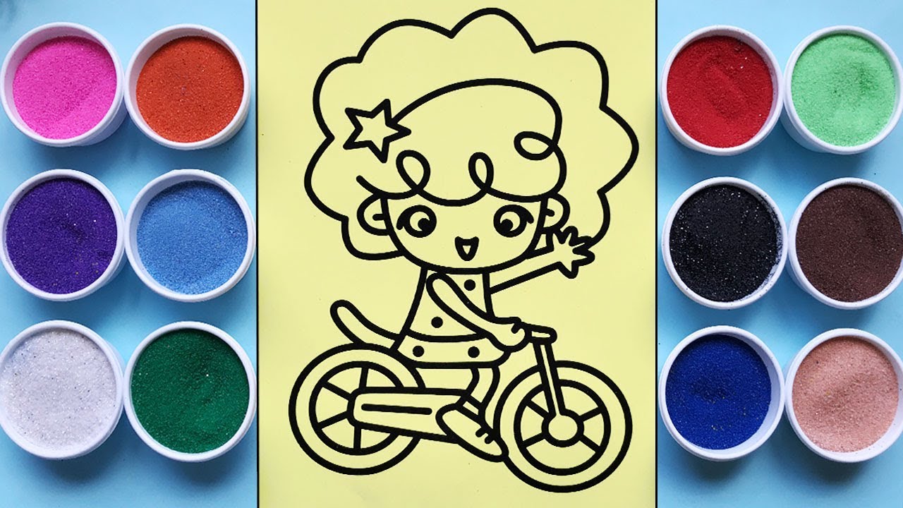 Princess sand painting toys / How to coloring a girl cycling / Sand art ...