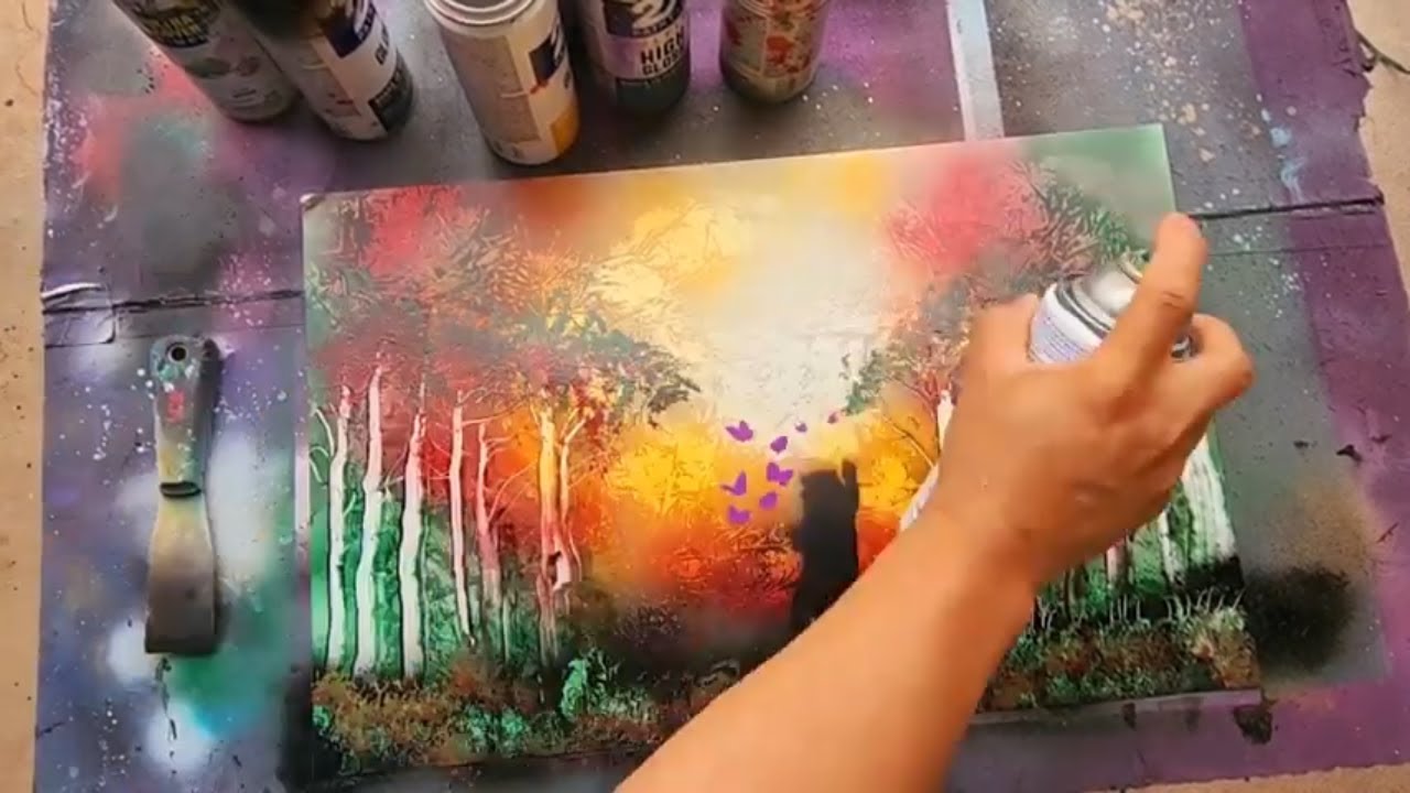 Bear and butterflies in the forest spray paint art - YouTube