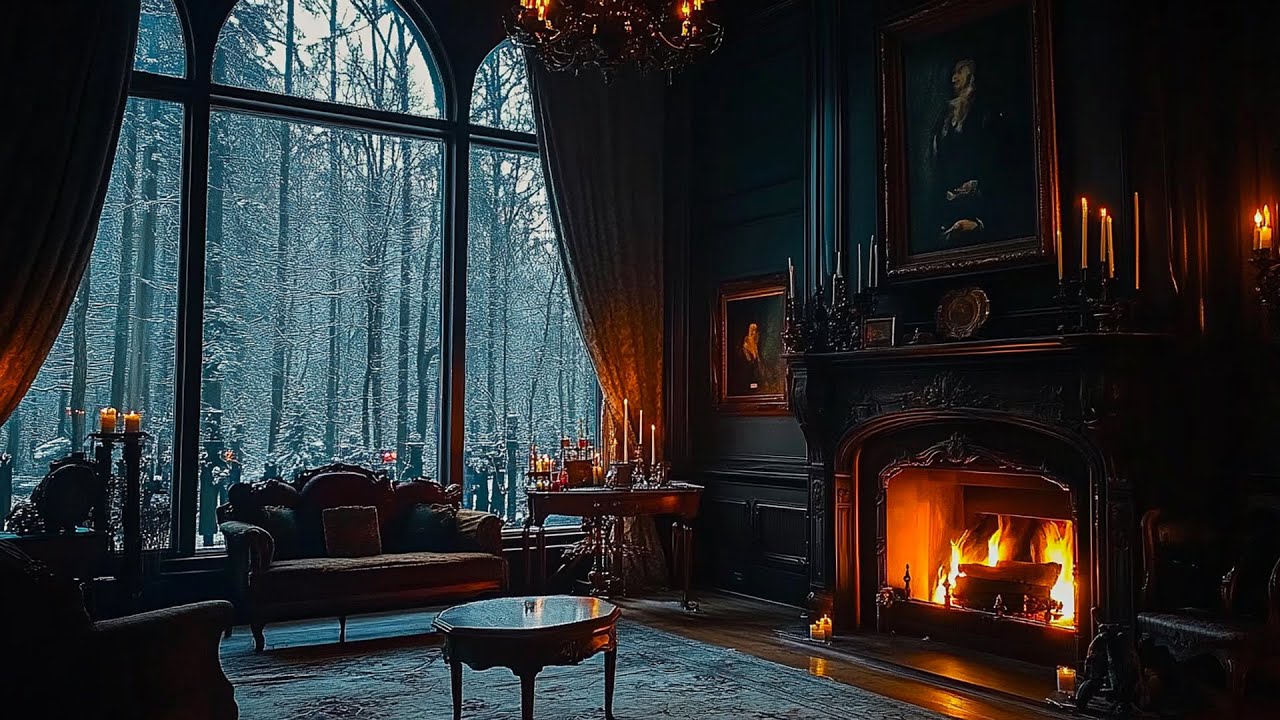 Dark Academia Cozy Fireplace Ambience | Moody Winter Room with ...