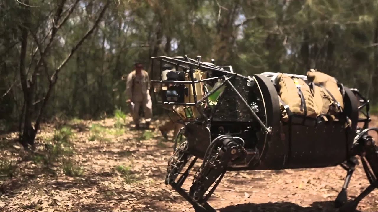 Marine LS3 Robot Patrols with Marines - Simulated Mortar Attack - YouTube