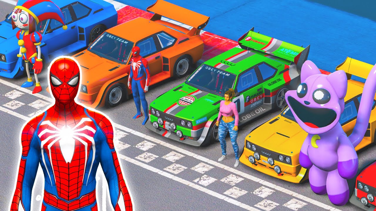 SPIDERMAN, CAT NAP TOY, POMNI X JAX JOIN A STUNT RACE CHALLENGE #843 ...