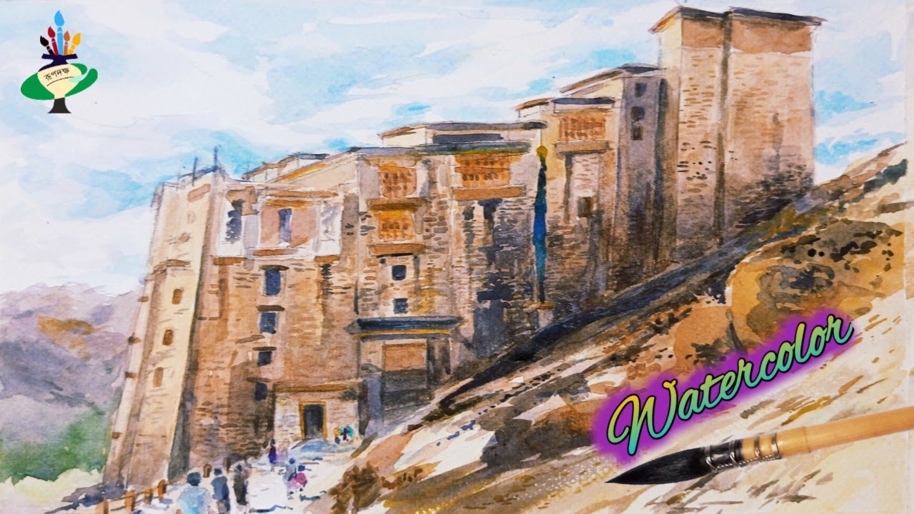 Watercolor Painting Mountain city : Leh Palace : Easy Watercolor ...