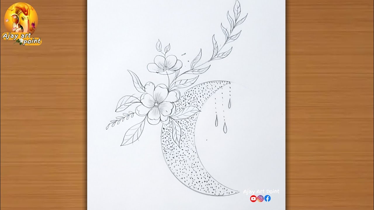 How to draw a half moon design with flowers // Half moon pencil drawing ...