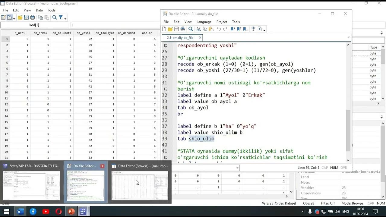 STATA da: label variable, recode, label define, label value, tabulate (tab), col, row buyruqlar ...