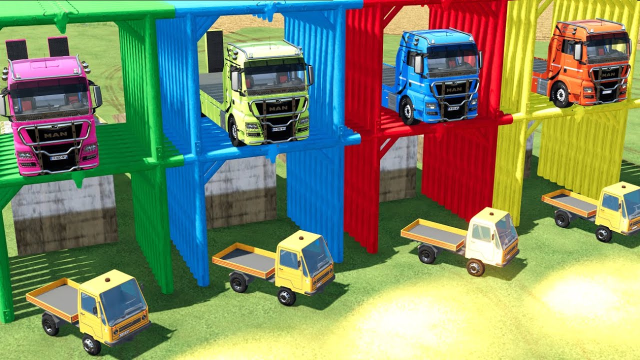 TRANSPORTING MULTI colors CAR TO COLORED GARAGE W TRUCK. Farming ...