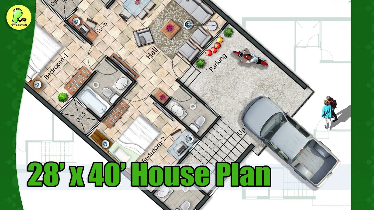 28×40 House Plan with Car Parking, Color Floor Plan, 28*40 home design ...