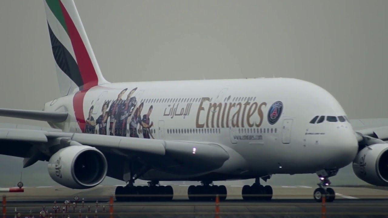 Emirates Airbus A380 (Paris Saint-Germain Livery) EK55 - Landing at DUS ...