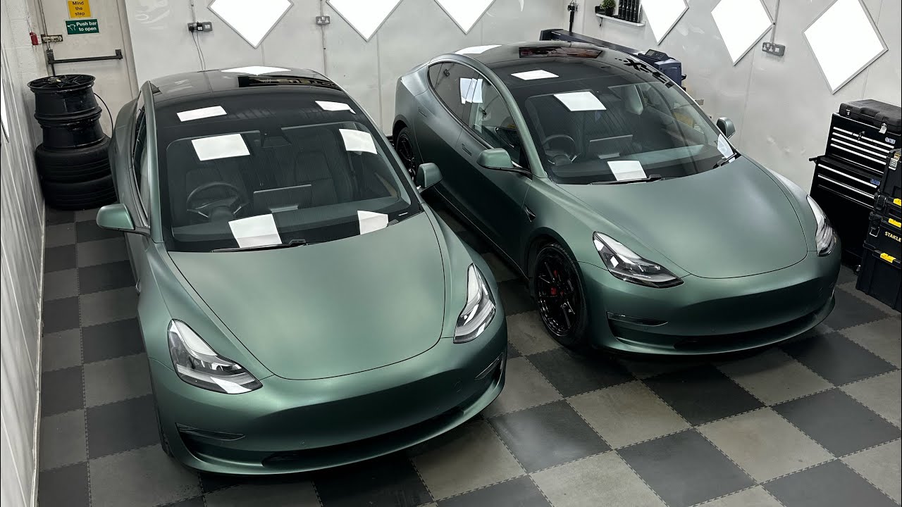 Tesla Model 3 wrapped in matte metallic pine green - YouTube
