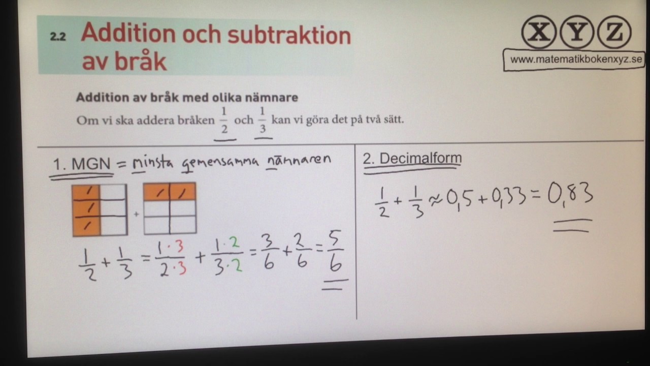 Addition och subtraktion av bråk - YouTube
