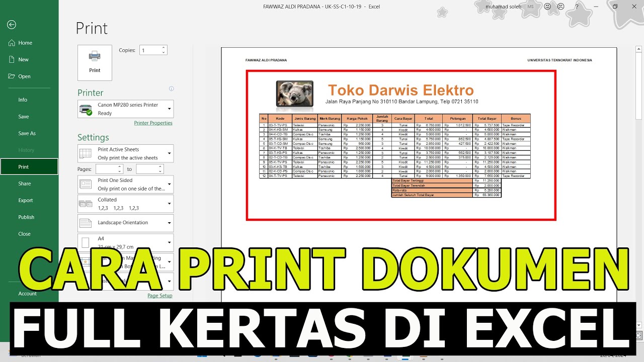 Cara Print Excel Agar Full di Kertas Tidak Terpotong - YouTube