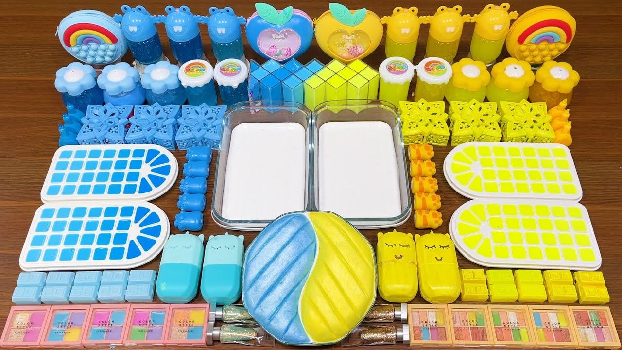 BLUE vs YELLOW!!! Mixing random into GLOSSY slime!!!Satisfying Slime ...