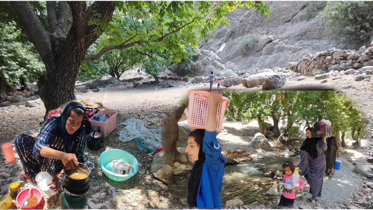 Nomadic life, going to the cold spring to wash clothes and take a bath ...