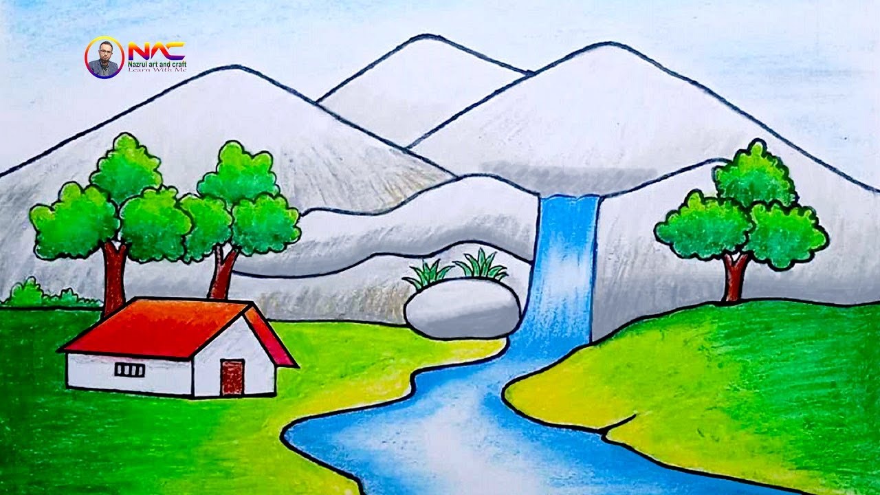 How to draw a hill landscape scenery with waterfall for beginners and ...