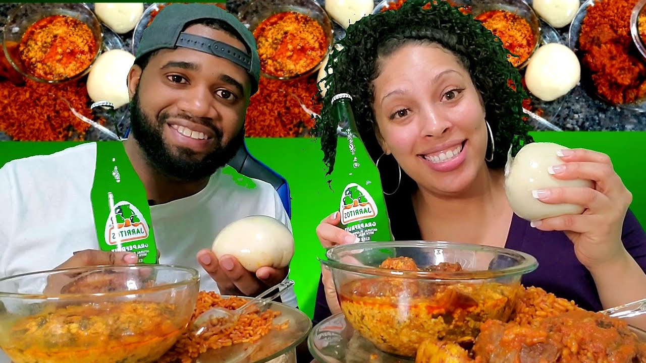 African Food Mukbang Fufu, Goat, Egusi Soup, Jollof Rice with Stewed ...
