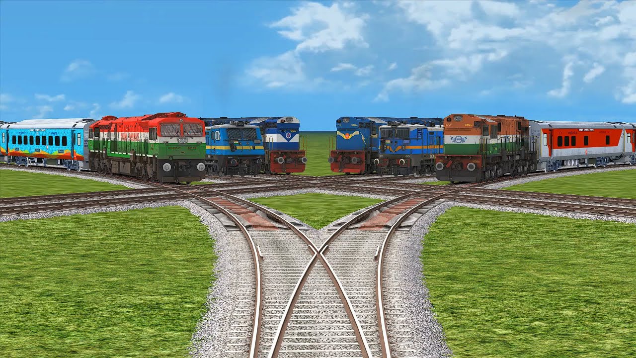 6 Different Trains CROSSING On DOUBLE Criss-cross Railroad Track Bumpy ...