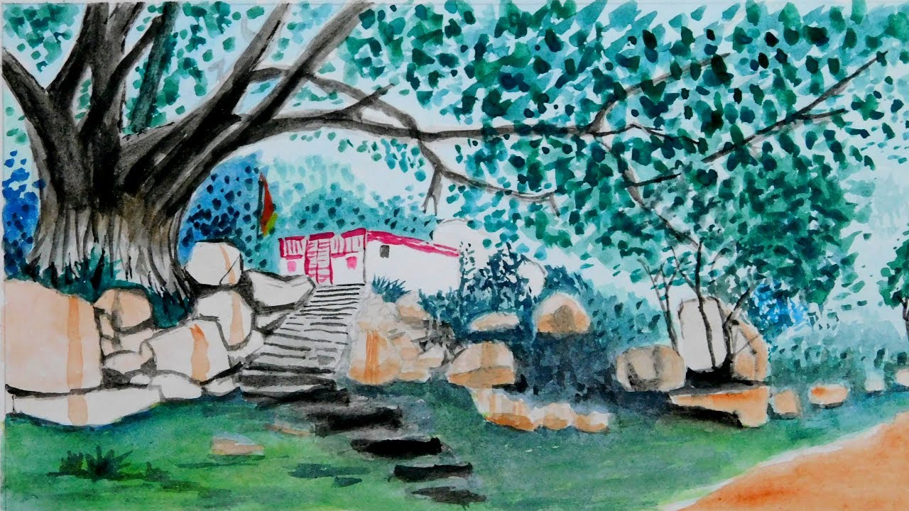 How to draw - Real Temple with Big Tree - watercolors art - N Channel ...