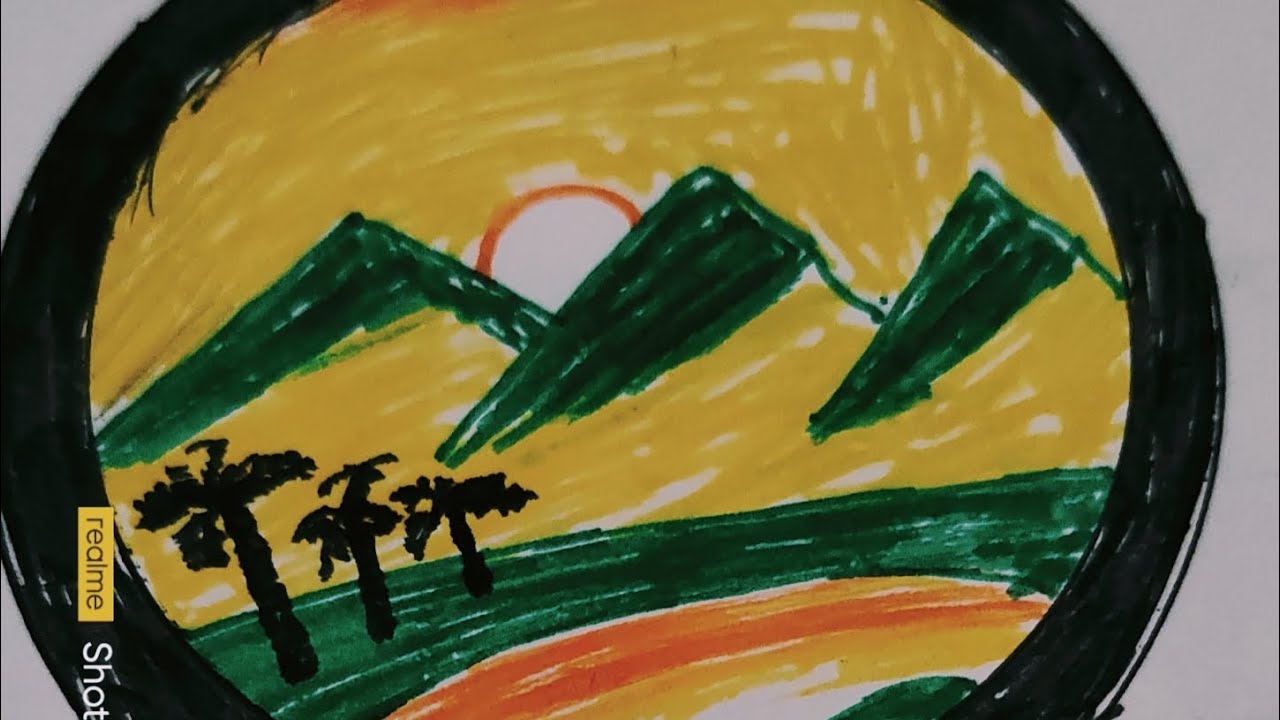Mountain 🌄 With Sun 🌞 Drawing!! How to draw Mountain Drawing For ...
