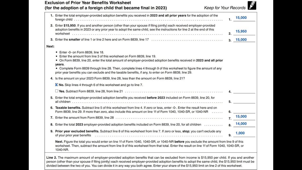 Exclusion of Prior Year Benefits Worksheet walkthrough (IRS Form 8839 ...
