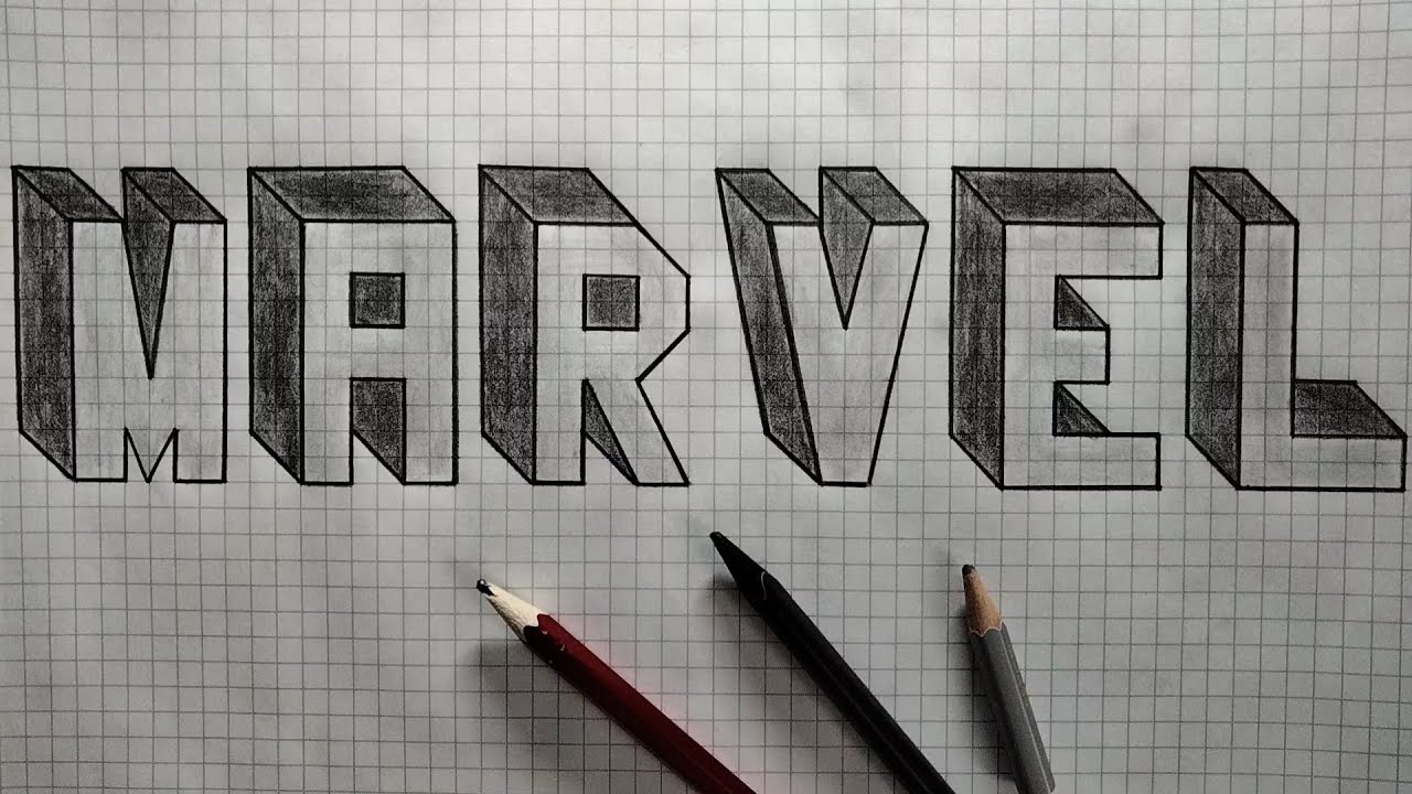 drawing. American film studio MARVEL. how to draw 3D Letters M, A, R, V ...