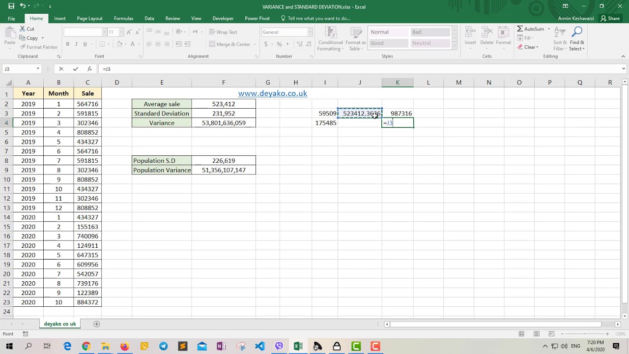 VARIANCE and STANDARD DEVIATION in Excel - YouTube