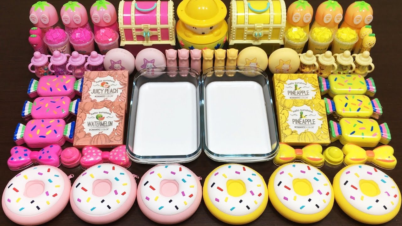 Pink vs Yellow Slime | Mixing Makeup and Floam into Slime ASMR ...