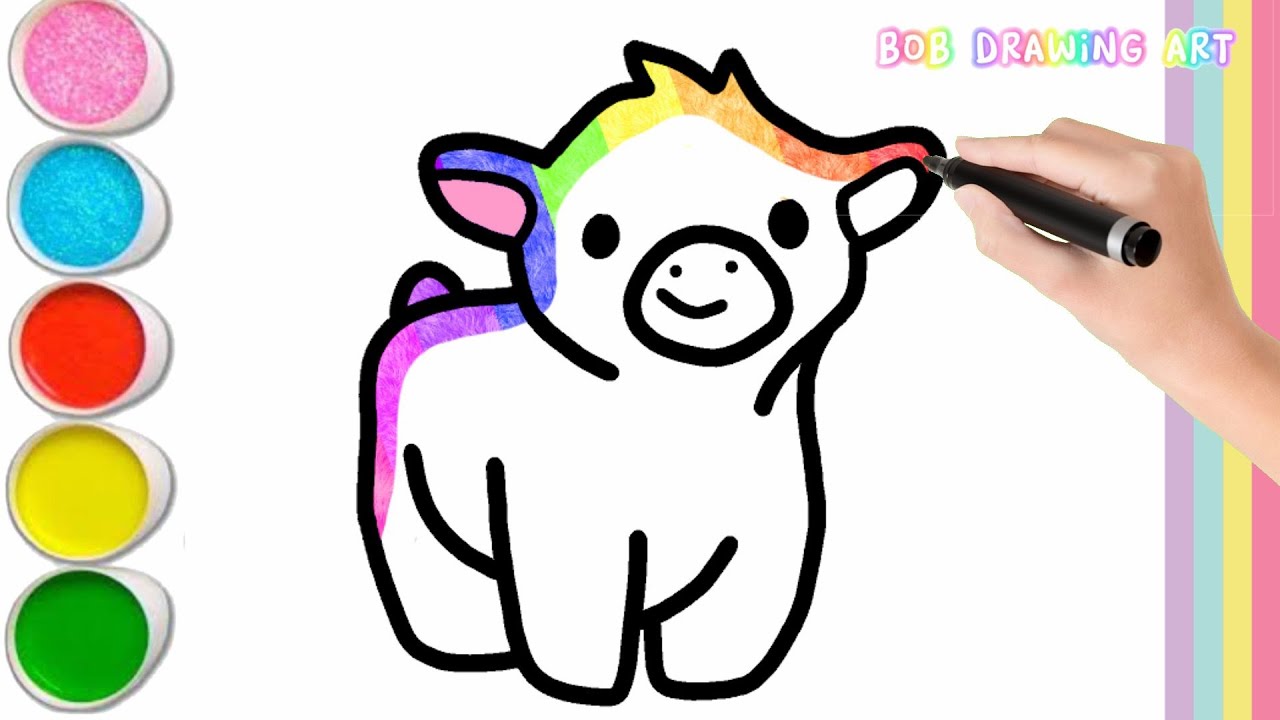 RAINBOW COW DRAWING COLORING AND PAINTING FOR KIDS | TUTORIAL DRAWING ...