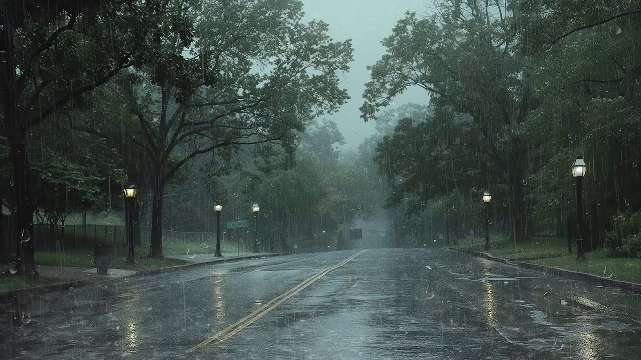 Pouring rain on the road in the US suburbs - relaxing rain sounds cure ...